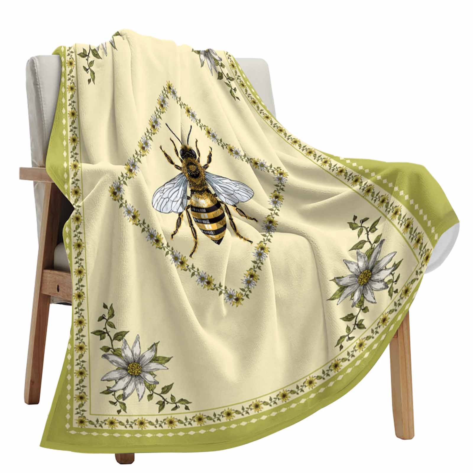 Fleece Blanket Rustic Bee Pastoral Flower Blankets, Soft Cozy Warm ...