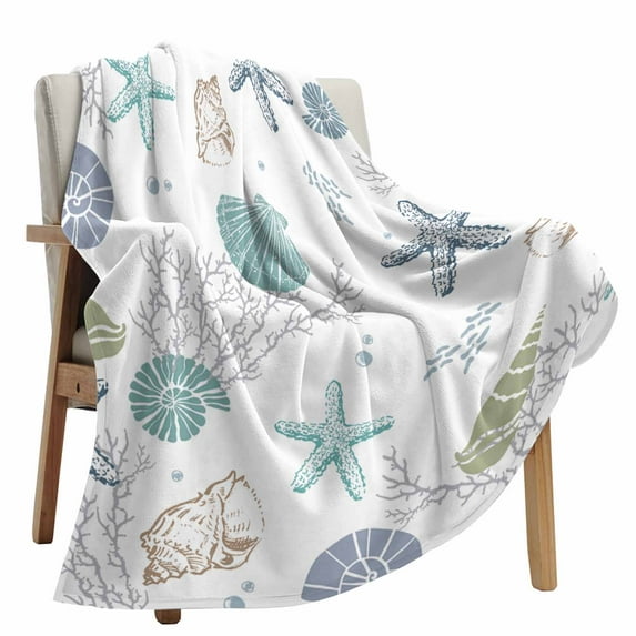 Fleece Blanket Sea Shell Starfish Coral Seamless Blankets, Soft Cozy ...