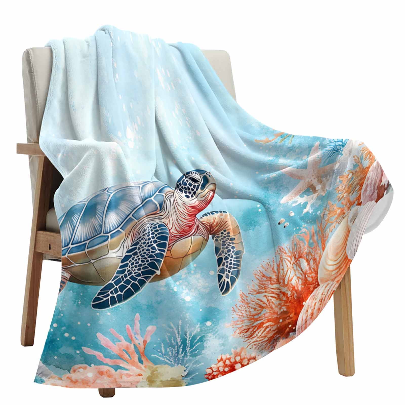 Fleece Blanket Sea Turtle Shell Starfish Coral Blankets, Soft Cozy Warm ...