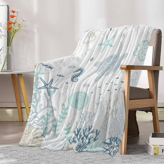 Fleece Blanket Sea Turtle Starfish Conch Coral Blankets, Soft Cozy Warm ...