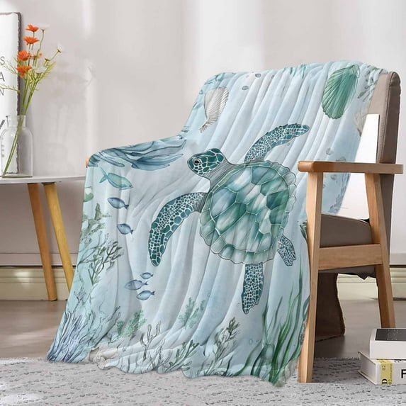 Fleece Blanket Sea turtle Ocean Shell Coral Blankets, Soft Cozy Warm ...