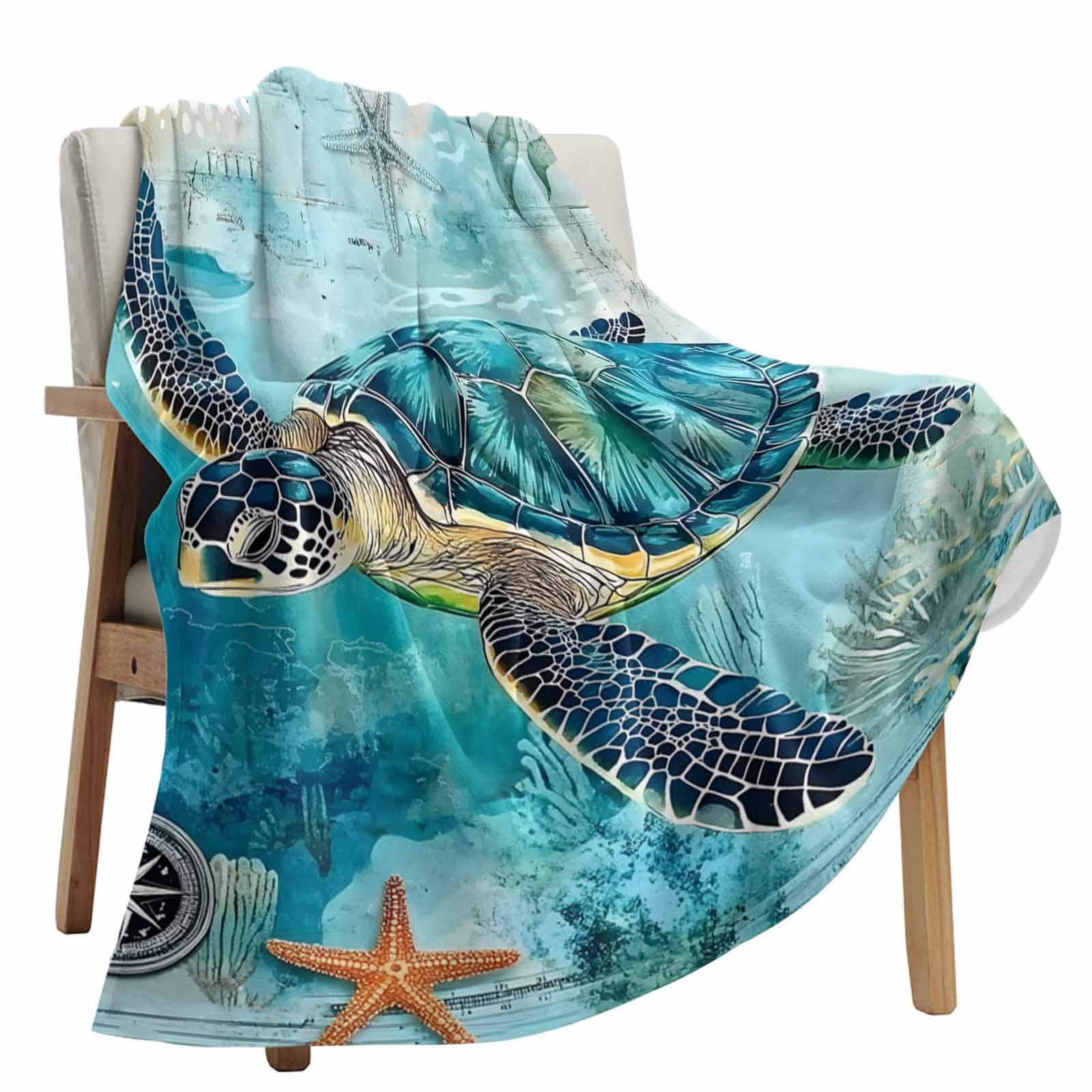 Fleece Blanket Sea turtle Starfish Compass Blankets, Soft Cozy Warm ...