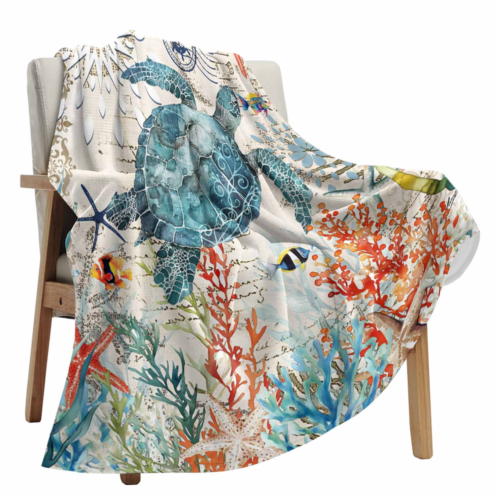 Fleece Blanket Sea turtle Starfish Coral Blankets, Soft Cozy Warm ...