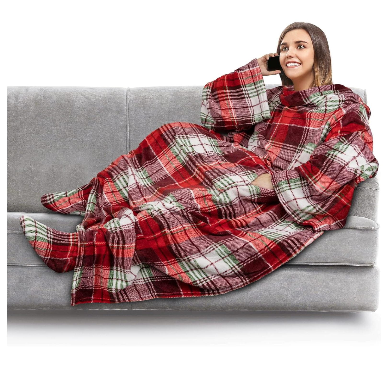 Fleece Blanket with Sleeves, Foot Pockets for Women Men Adults, Plush ...