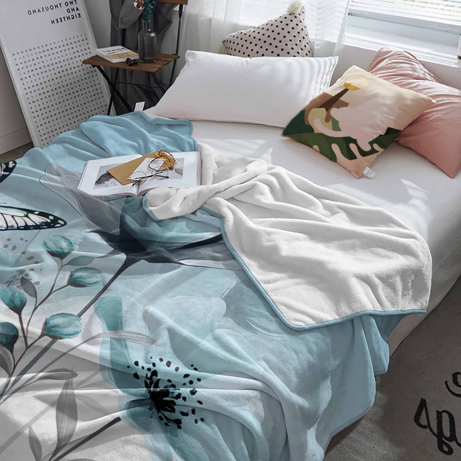Fleece Blanket Spring Flower Butterfly on Teal Blue Blankets, Soft Cozy ...