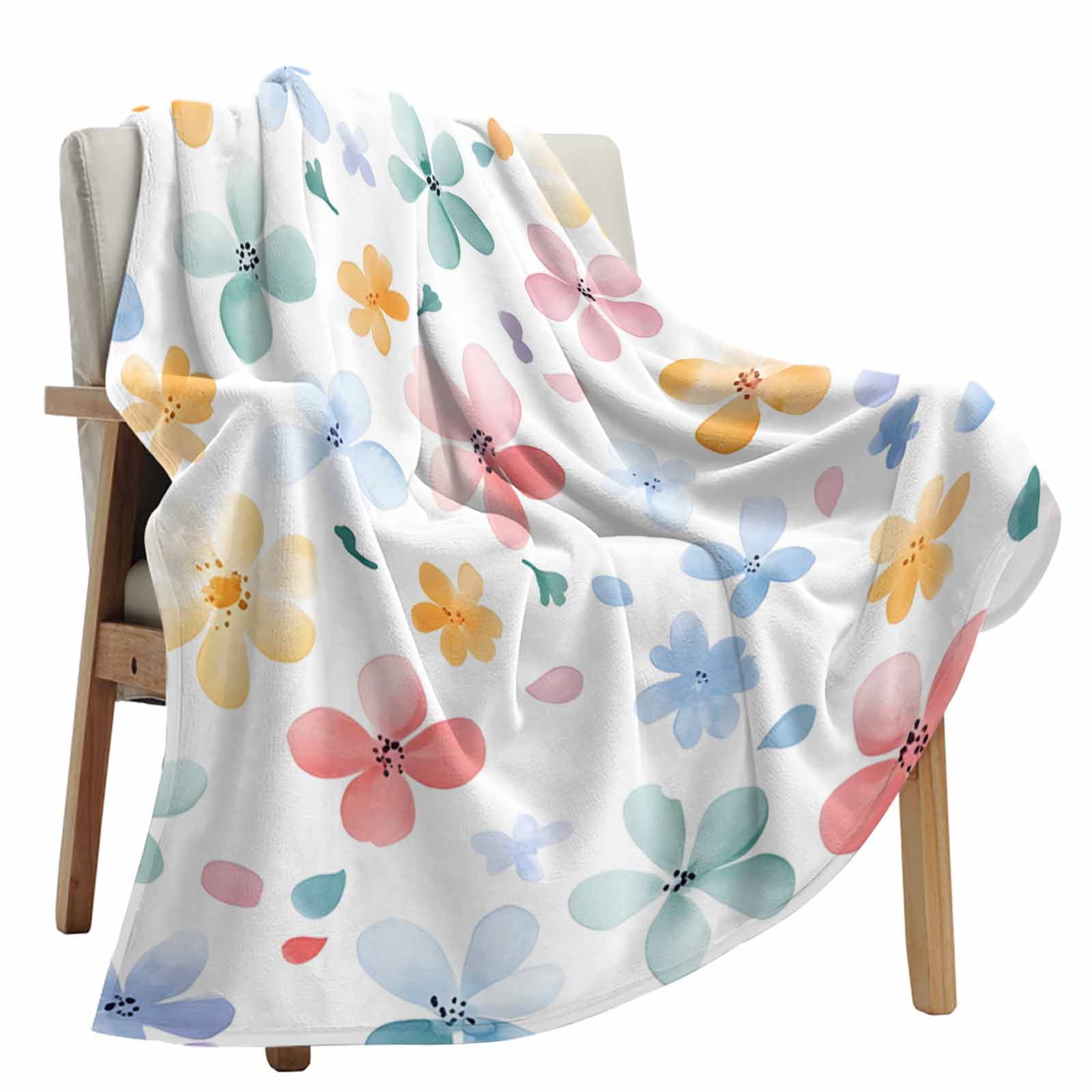 Fleece Blanket Spring Watercolor Pink Blue Flowers Blankets, Soft Cozy ...