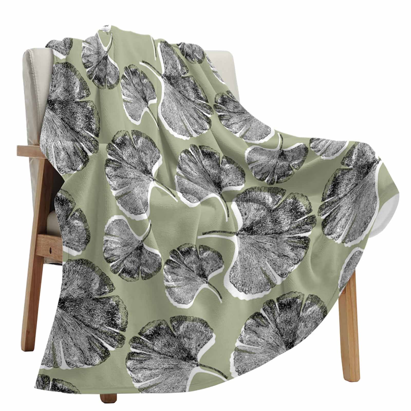 Fleece Blanket Summer Grey Ginkgo Leaf on Green Blankets, Soft Cozy ...