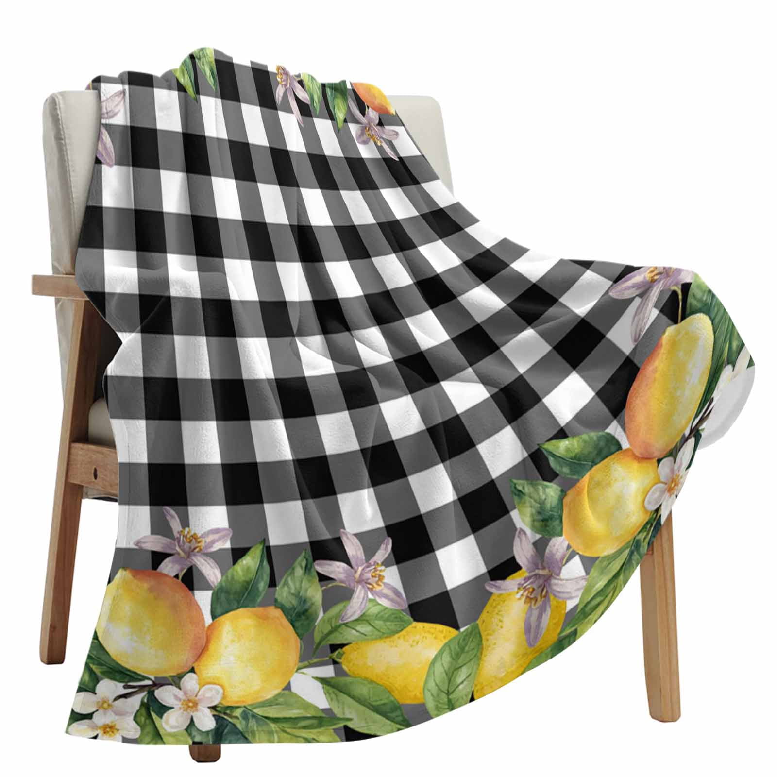 Fleece Blanket Summer Lemon Flower Black Buffalo Plaid Blankets, Soft ...