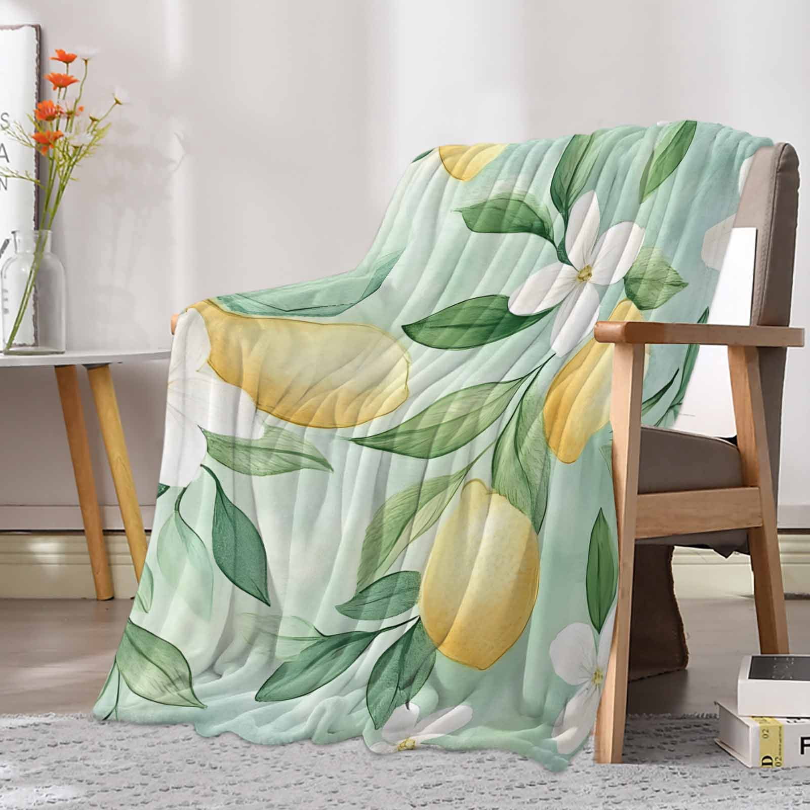 Fleece Blanket Summer Lemon Green Leaves Watercolor Blankets, Soft Cozy ...