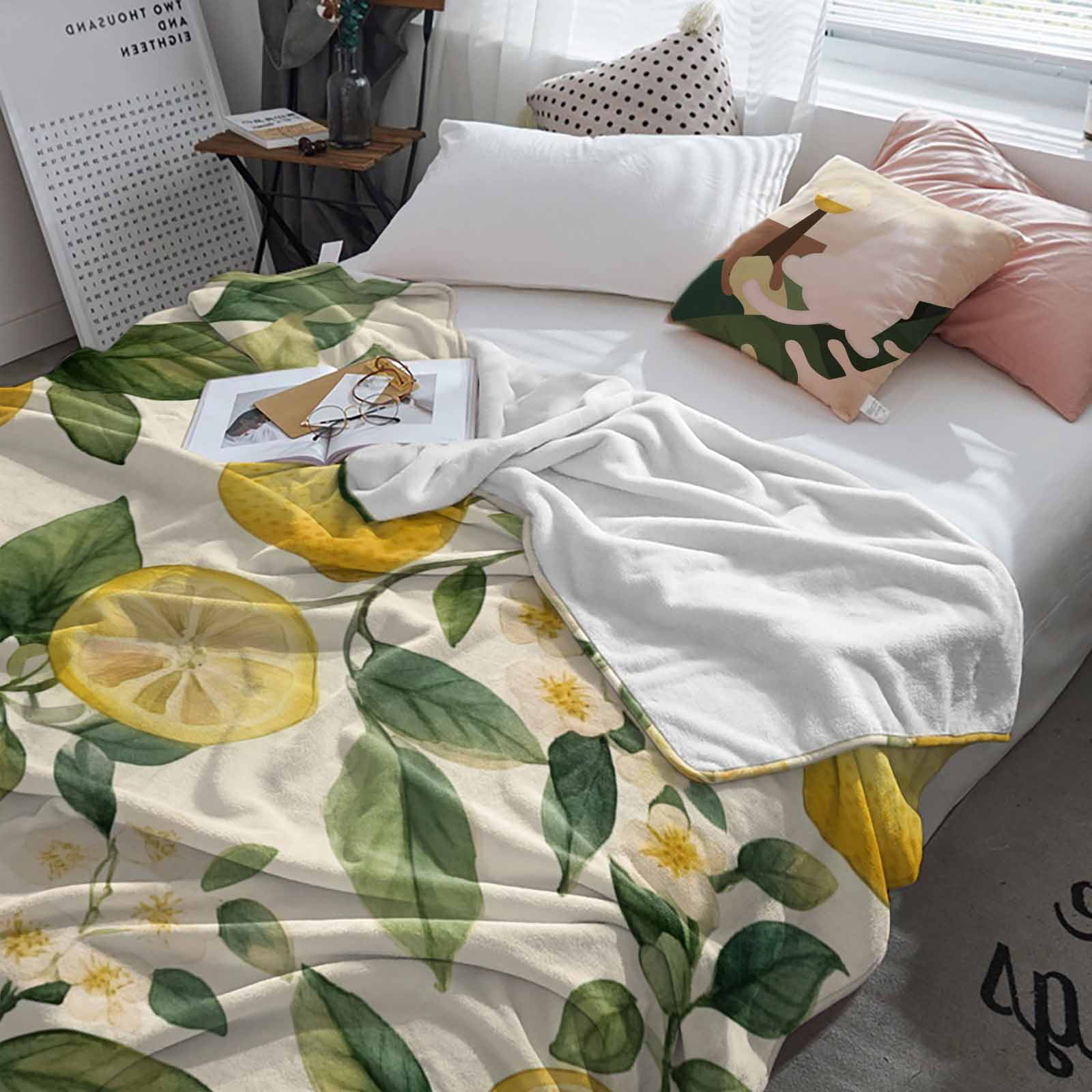 Fleece Blanket Summer Lemon Green Leaves on Beige Blankets, Soft Cozy ...