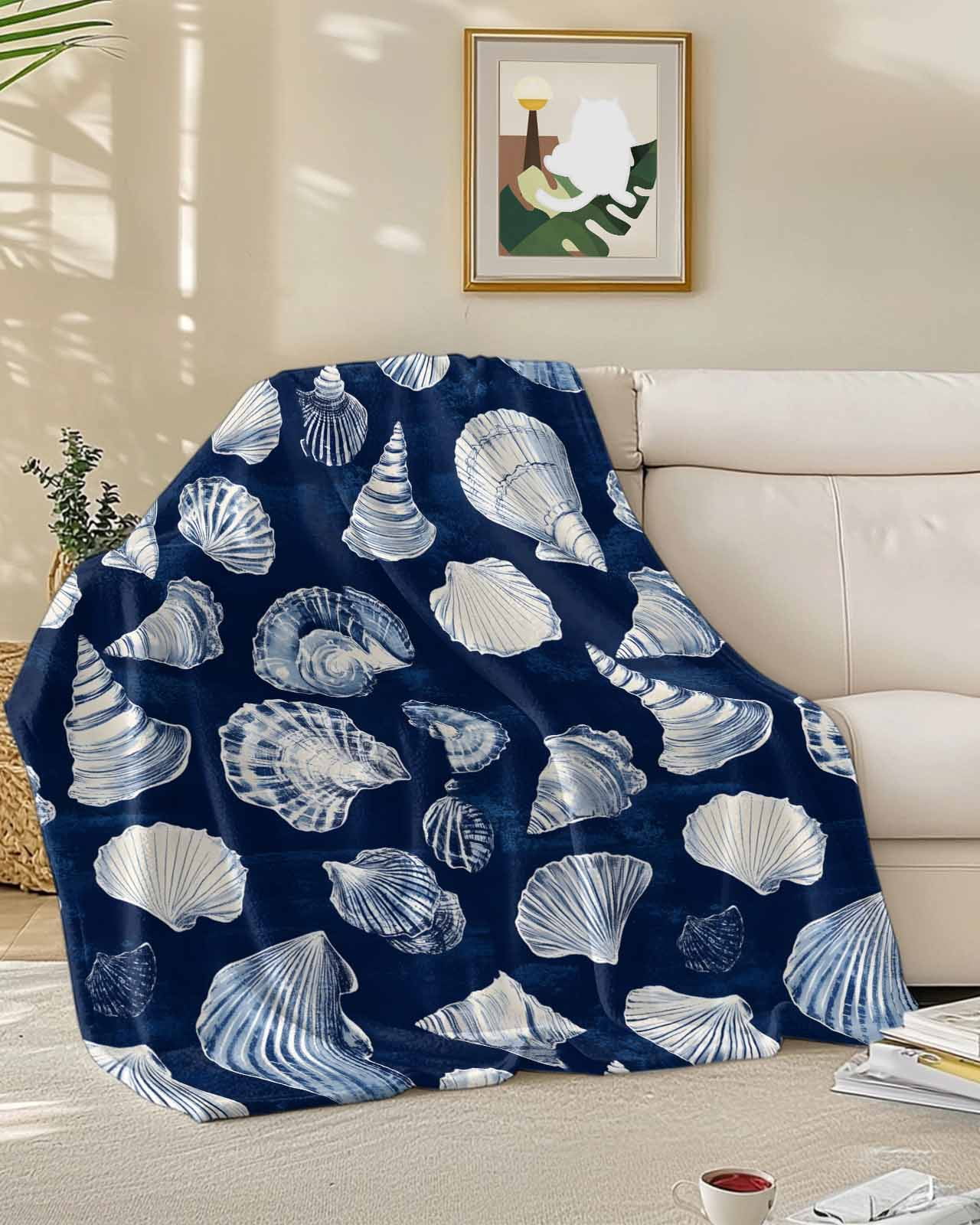Fleece Blanket Summer Ocean Conch on Navy Blue Blankets, Soft Cozy Warm ...