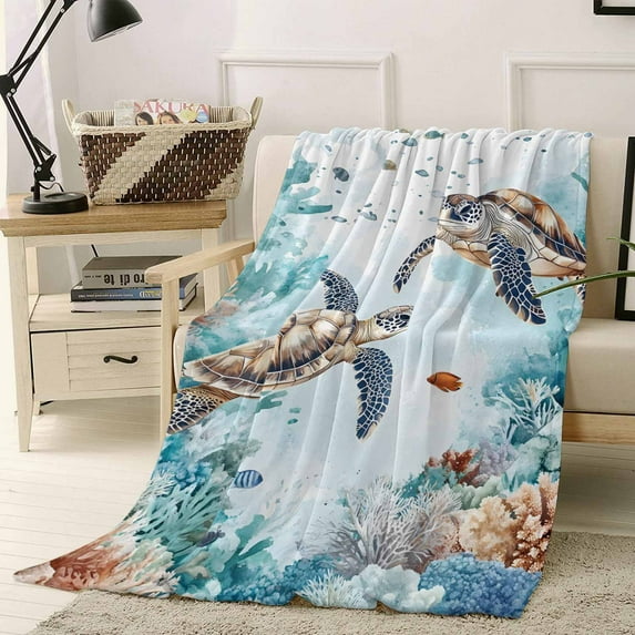 Fleece Blanket Summer Sea Turtle Coral Seaweed Blankets, Soft Cozy Warm ...