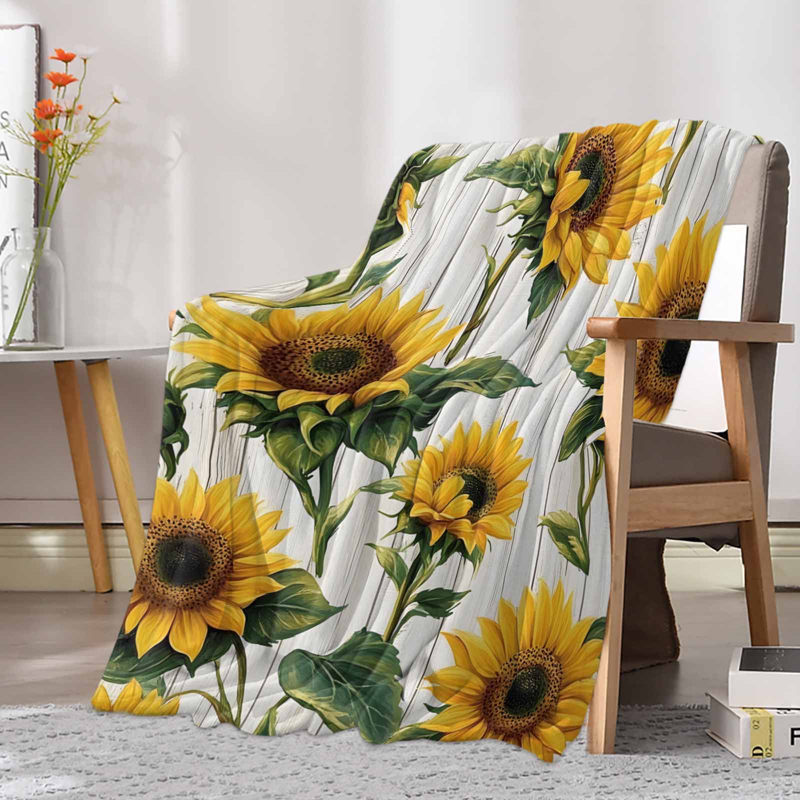 Fleece Blanket Summer Sunflower on White Wood Blankets, Soft Cozy Warm ...