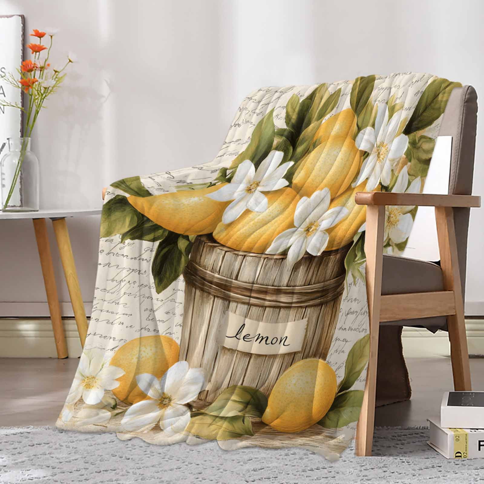Fleece Blanket Summer Watercolor Lemon Flower Blankets, Soft Cozy Warm ...