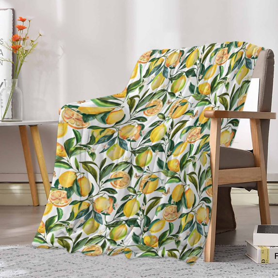Fleece Blanket Summer Watercolor Lemon Green Leaves Blankets, Soft Cozy ...