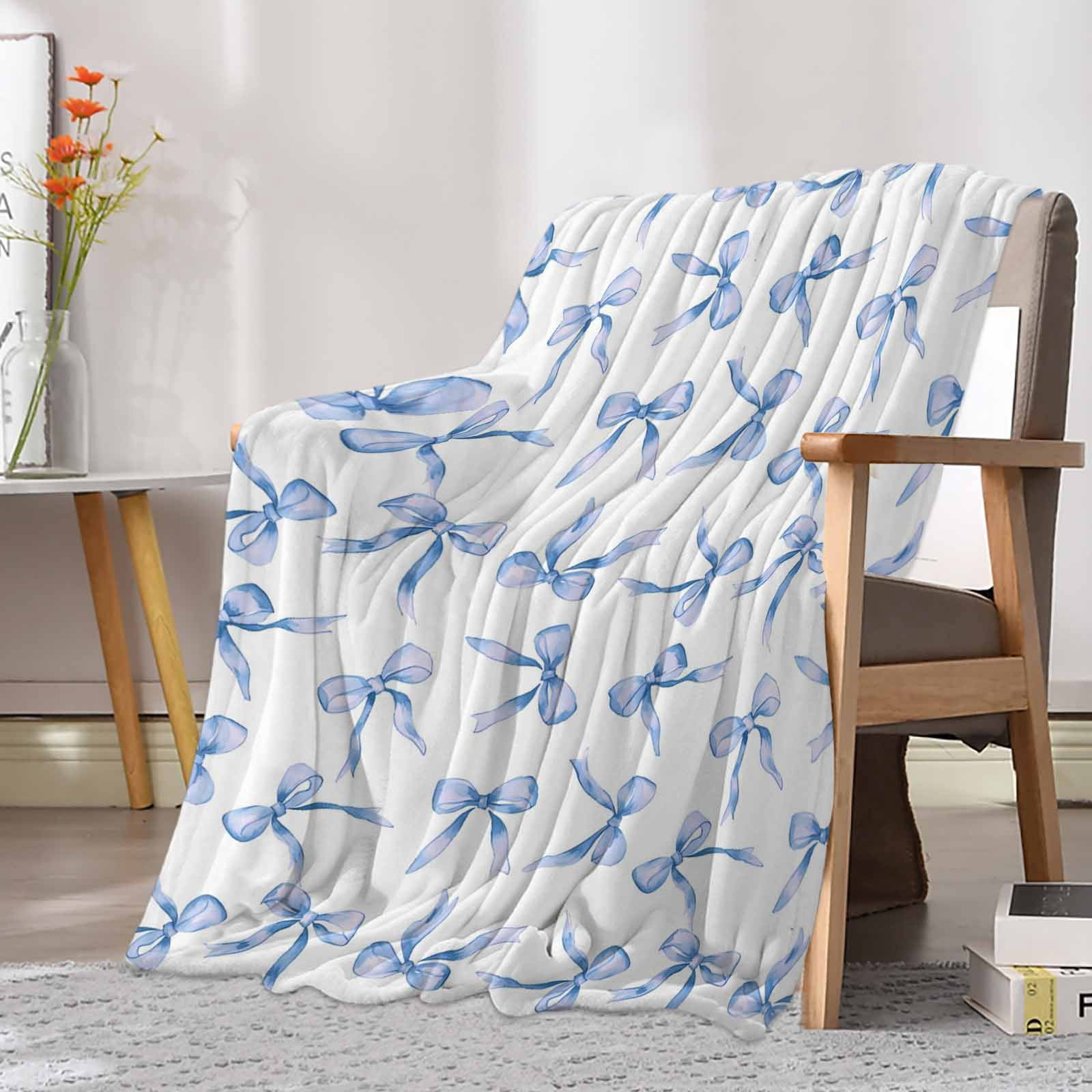 Fleece Blanket Watercolor Blue Bow Blankets, Soft Cozy Warm Flannel ...