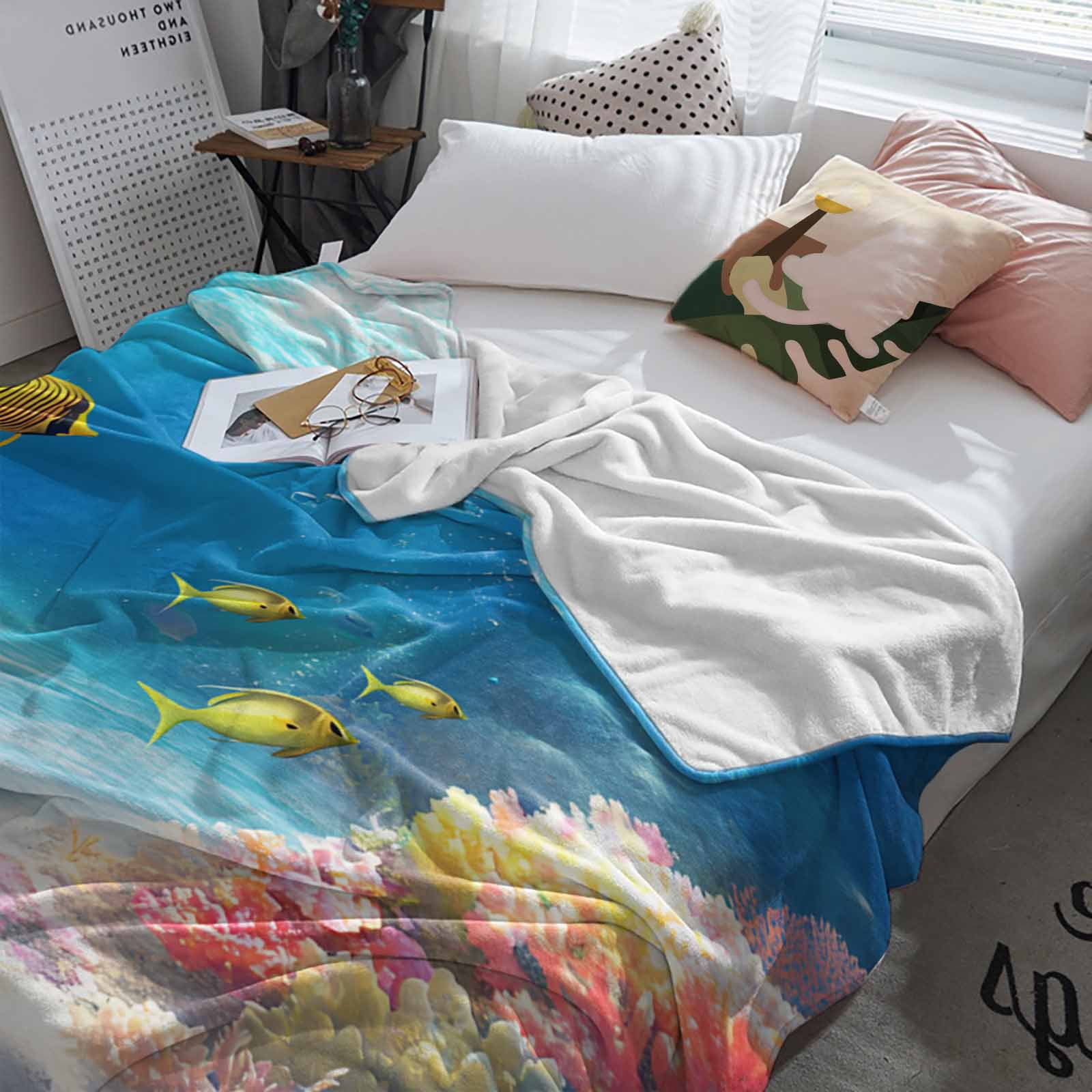Fleece Blanket Watercolor Coral Sea Turtle Fish Blankets, Soft Cozy ...
