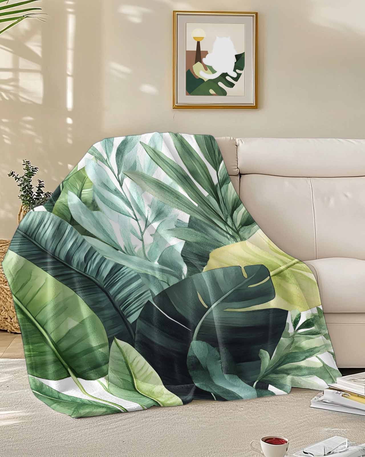 Fleece Blanket Watercolor Green Monstera Leaves Blankets, Soft Cozy ...