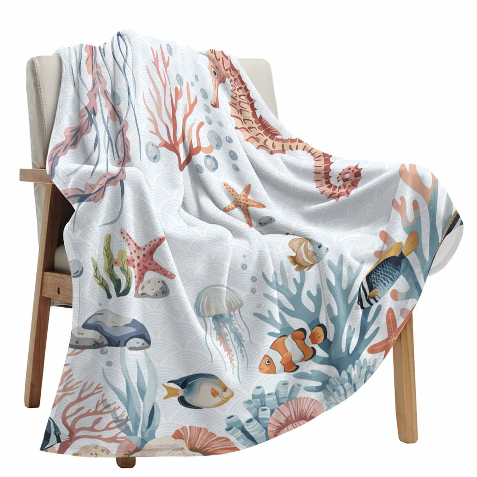 Fleece Blanket Watercolor Hippocampus Jellyfish Blankets, Soft Cozy ...
