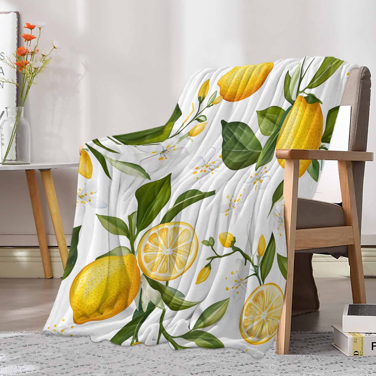 Fleece Blanket Watercolor Lemon Green Leaves Blankets, Soft Cozy Warm ...