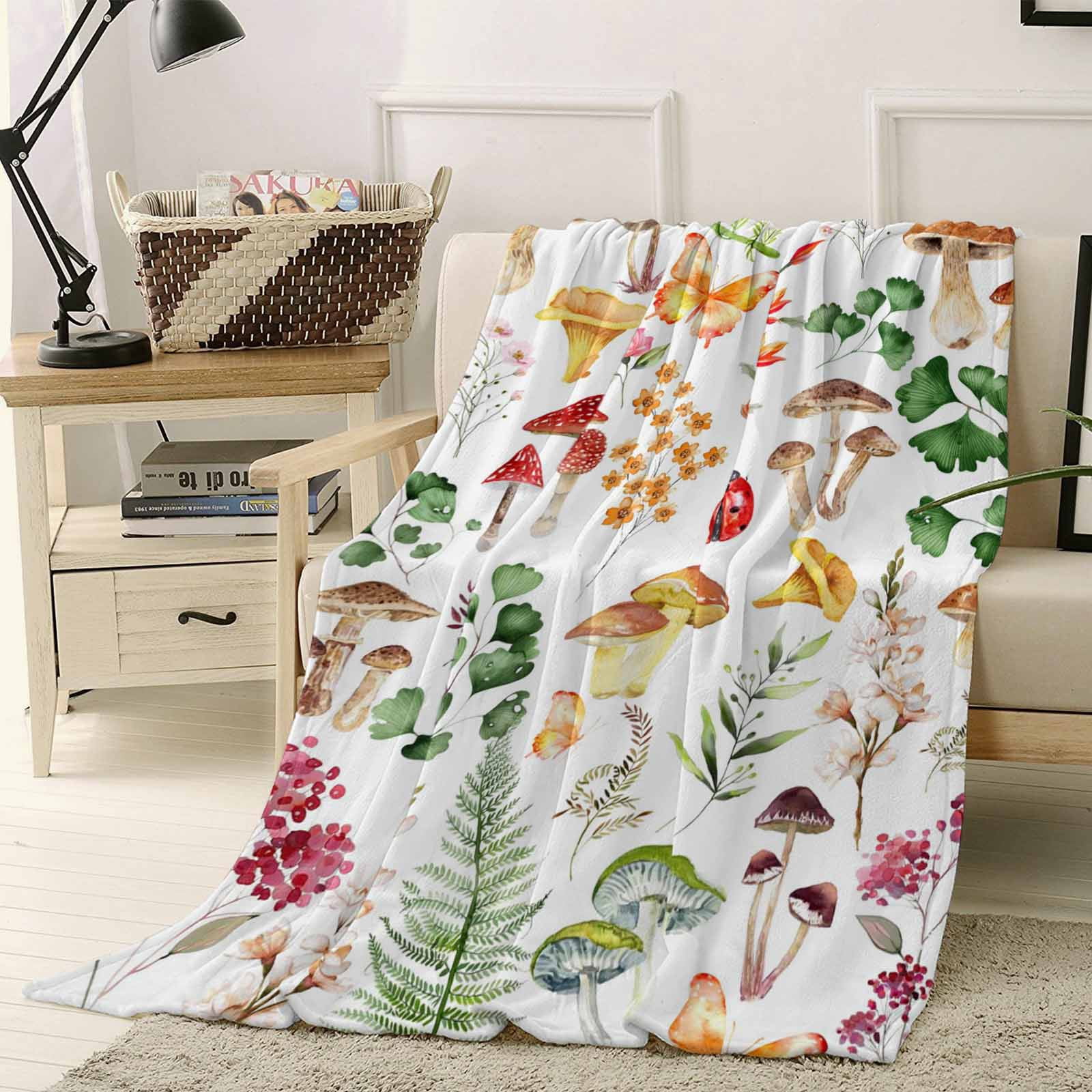 Fleece Blanket Watercolor Plant Mushrooms Ferns Blankets, Soft Cozy ...