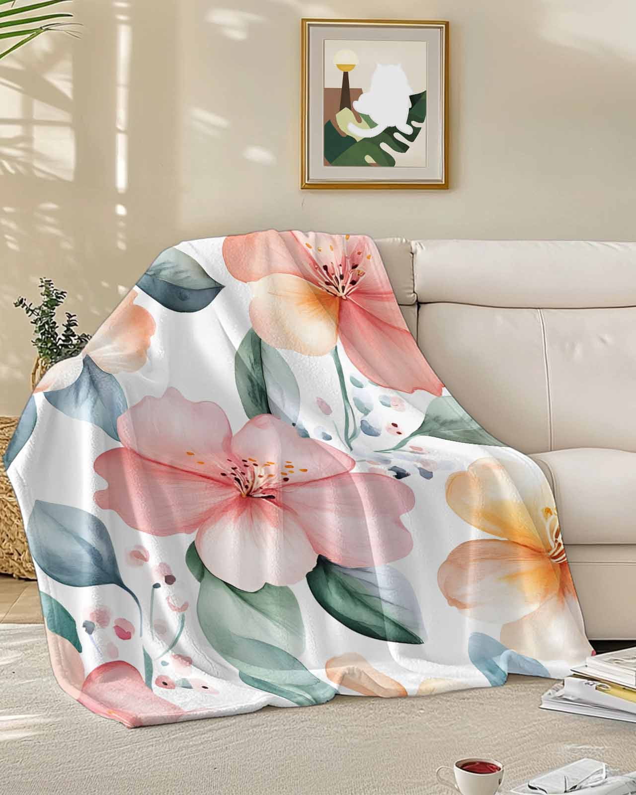 Fleece Blanket Watercolor Spring Pink Flower Blankets, Soft Cozy Warm ...