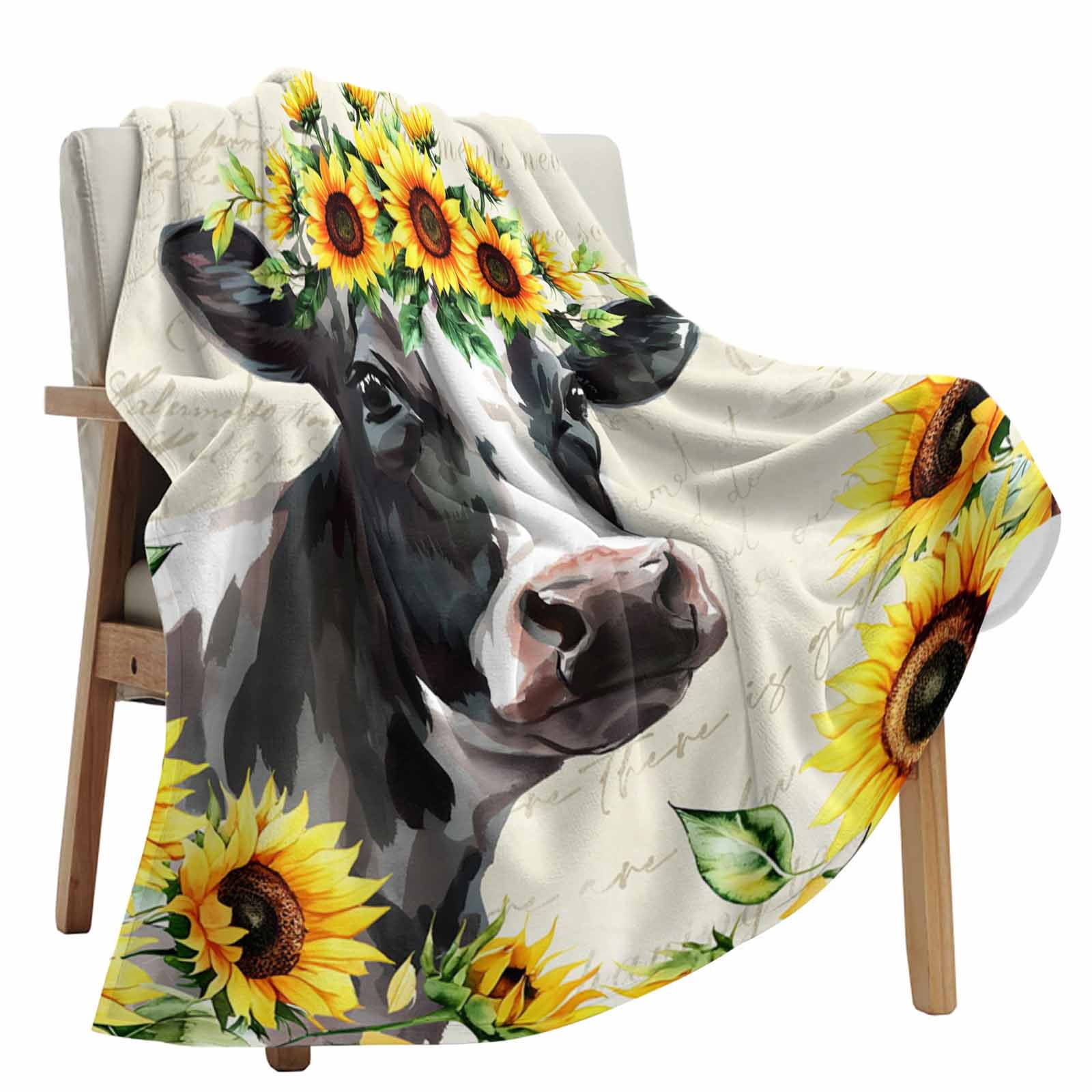 Fleece Blanket Watercolor Sunflower Cow Farm Animal Blankets, Soft Cozy ...