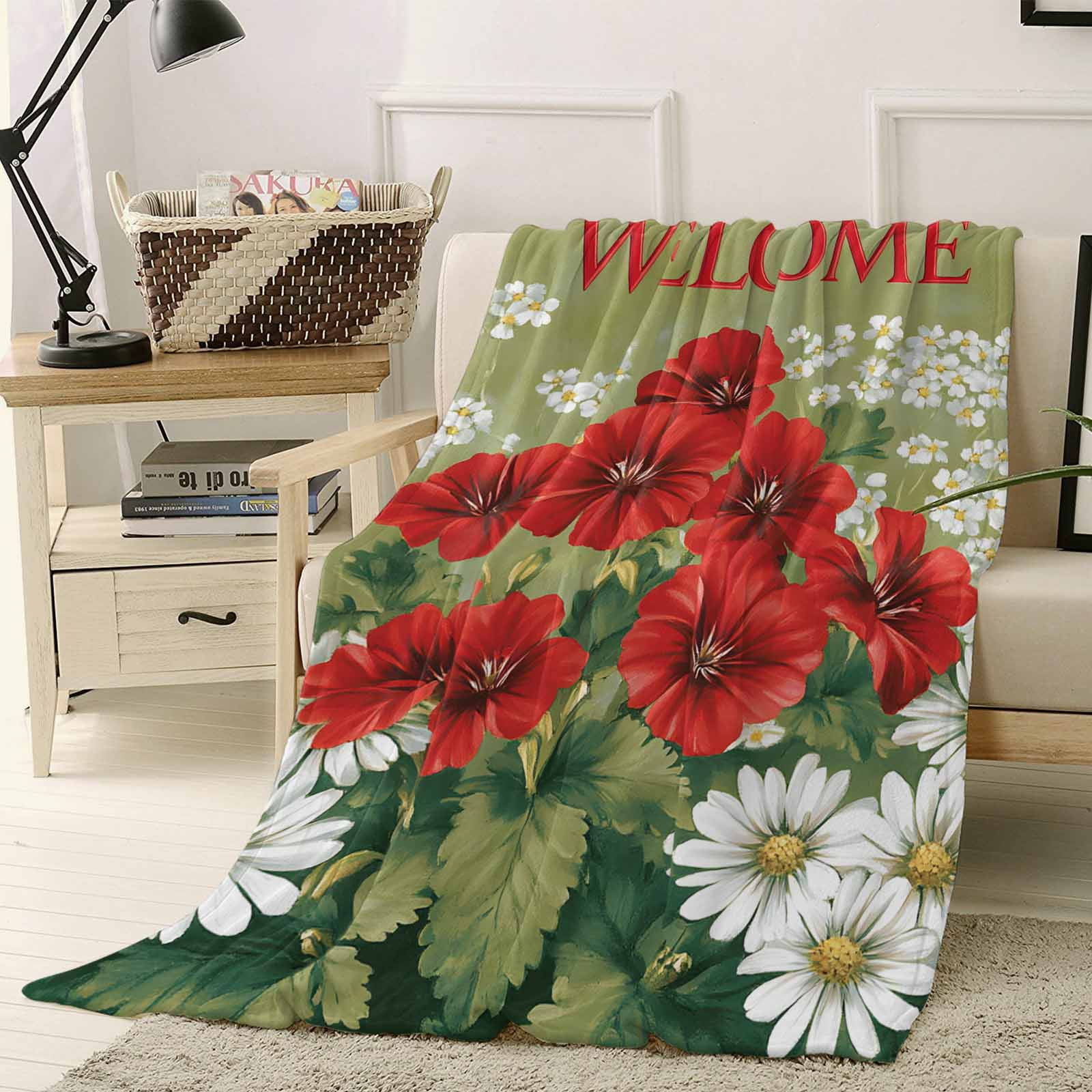Fleece Blanket Welcome Words Red Flower Blankets, Soft Cozy Warm ...