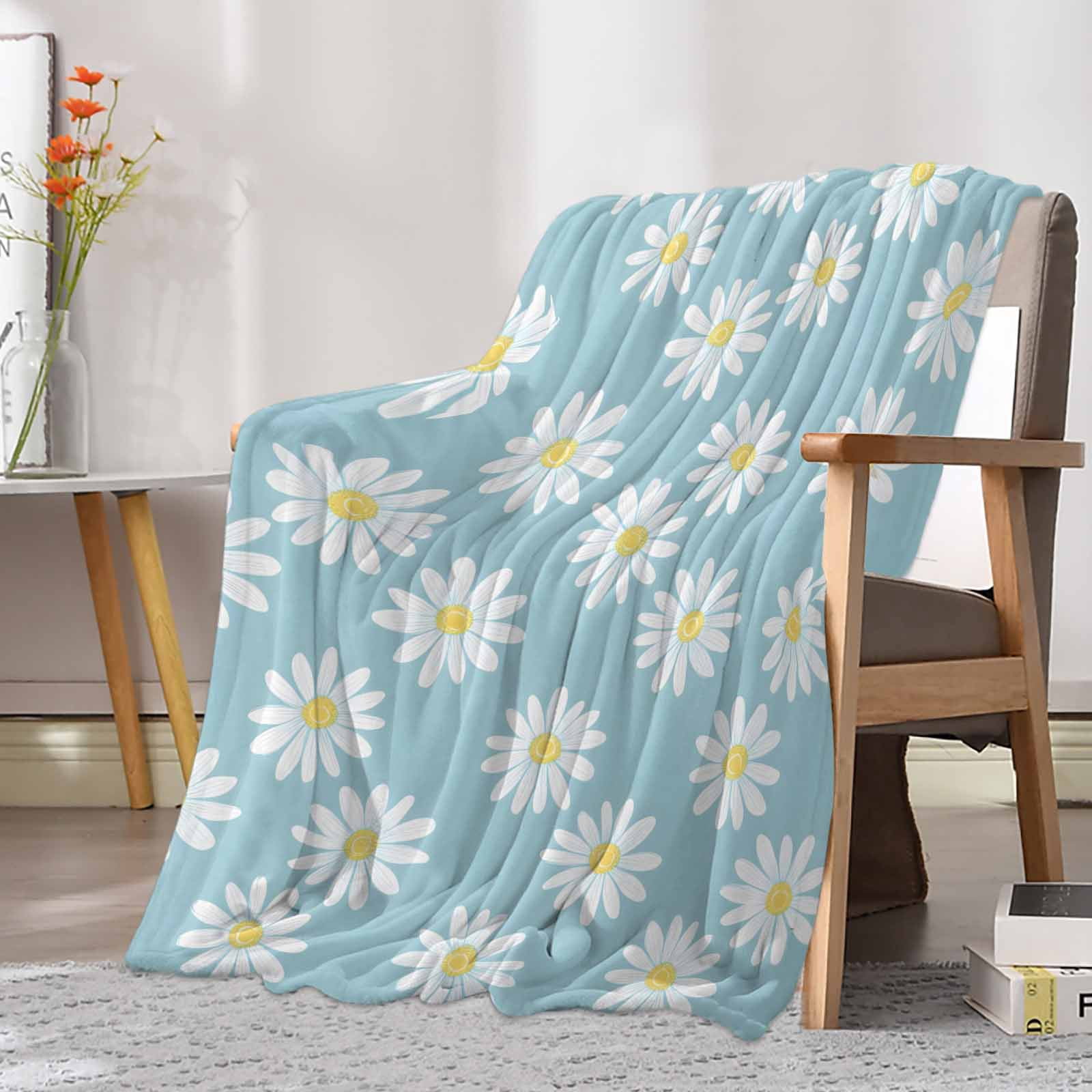 Fleece Blanket White Daisy Flower on Blue Blankets, Soft Cozy Warm ...