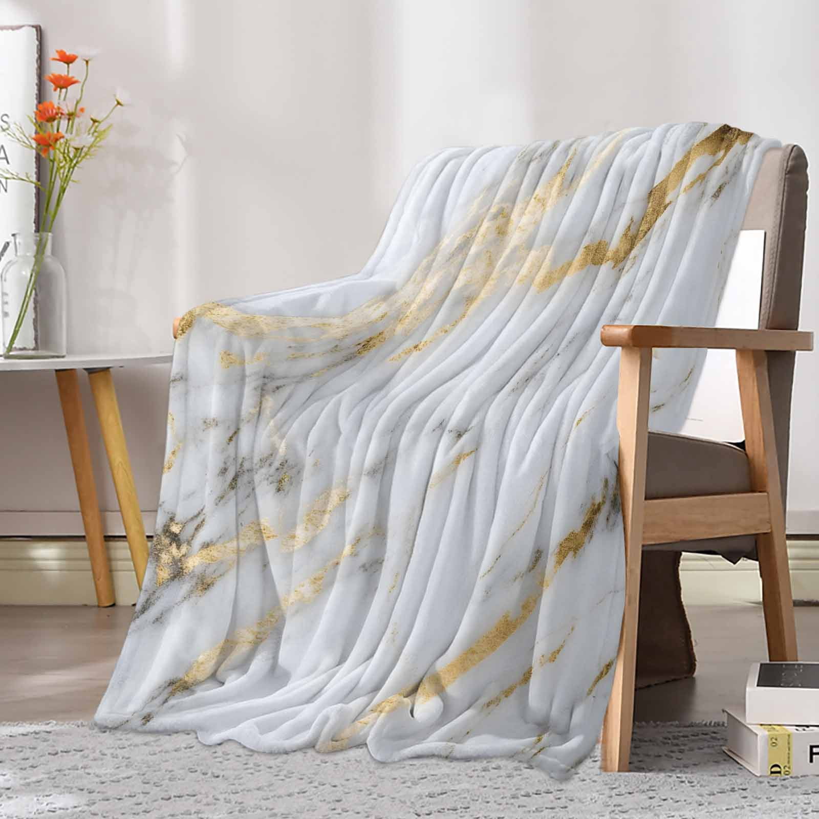 Fleece Blanket White Marble Golden Lines Blankets, Soft Cozy Warm ...