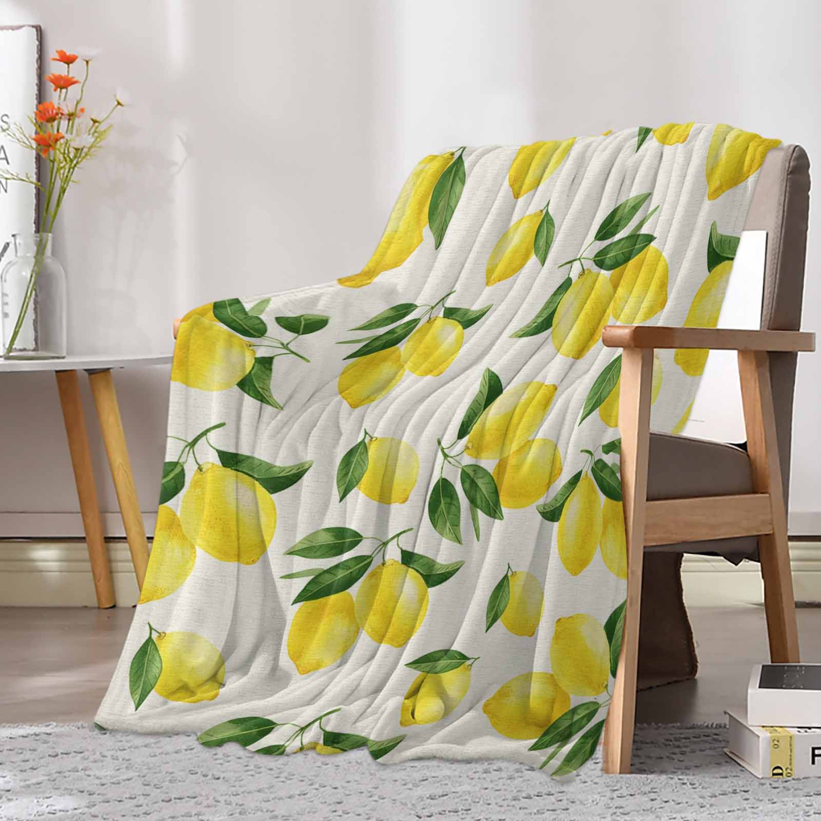 Fleece Blanket Yellow Lemon Watercolor Botanical Blankets, Soft Cozy ...