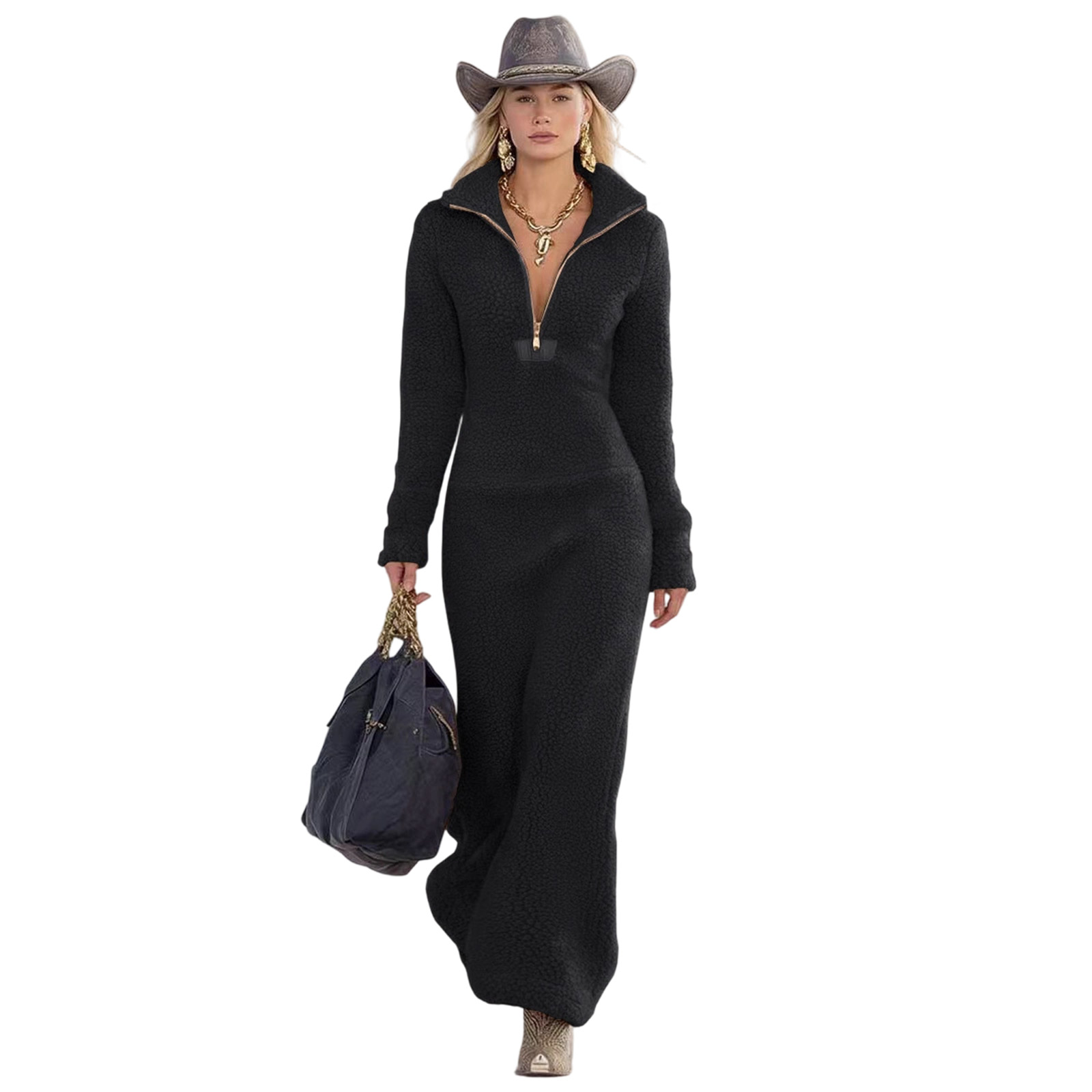 Fleece Bodycon Dress, Long Sleeve Zip Front Figure-Hugging Dress, Ultra ...