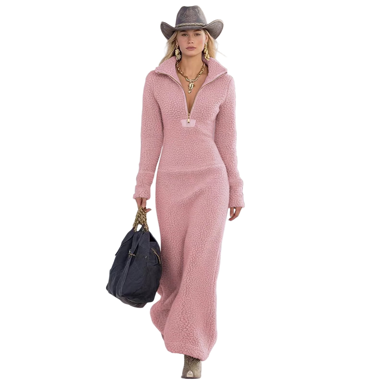 Fleece Bodycon Dress, Long Sleeve Zip Front Figure-Hugging Dress, Ultra ...