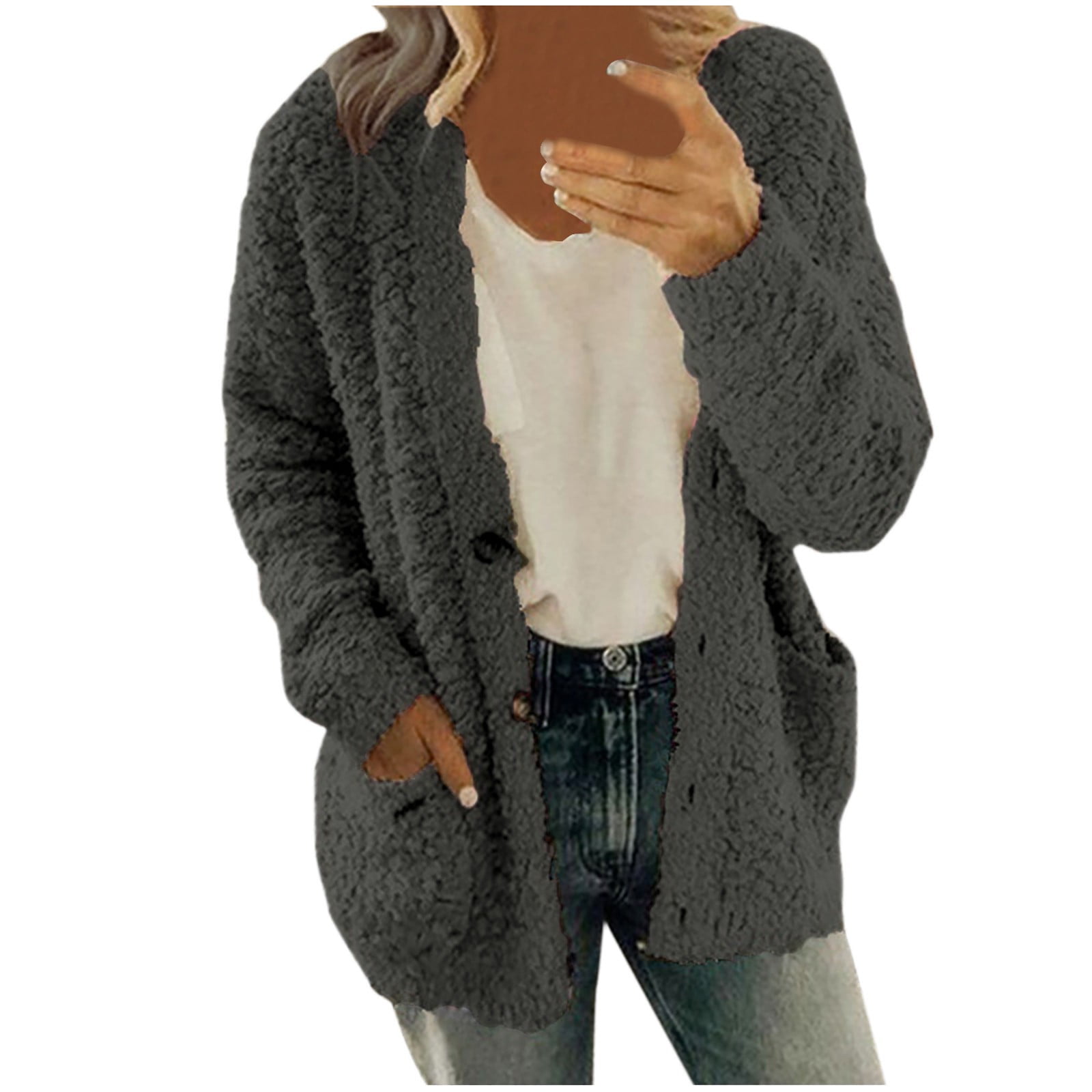 Fleece Cardigan Sweaters for Women Soft Long Sleeve Jacket with Pockets ...