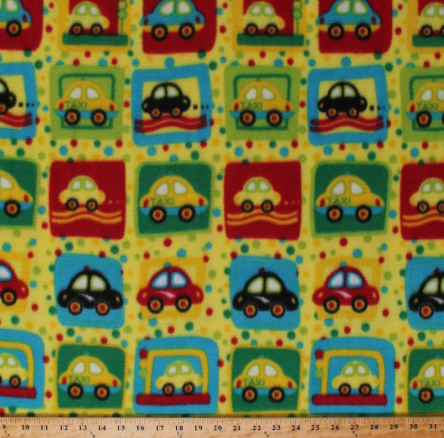 Fleece Cars Taxis Taxi Cabs Vehicles Squares Polka Dots Kids Yellow ...