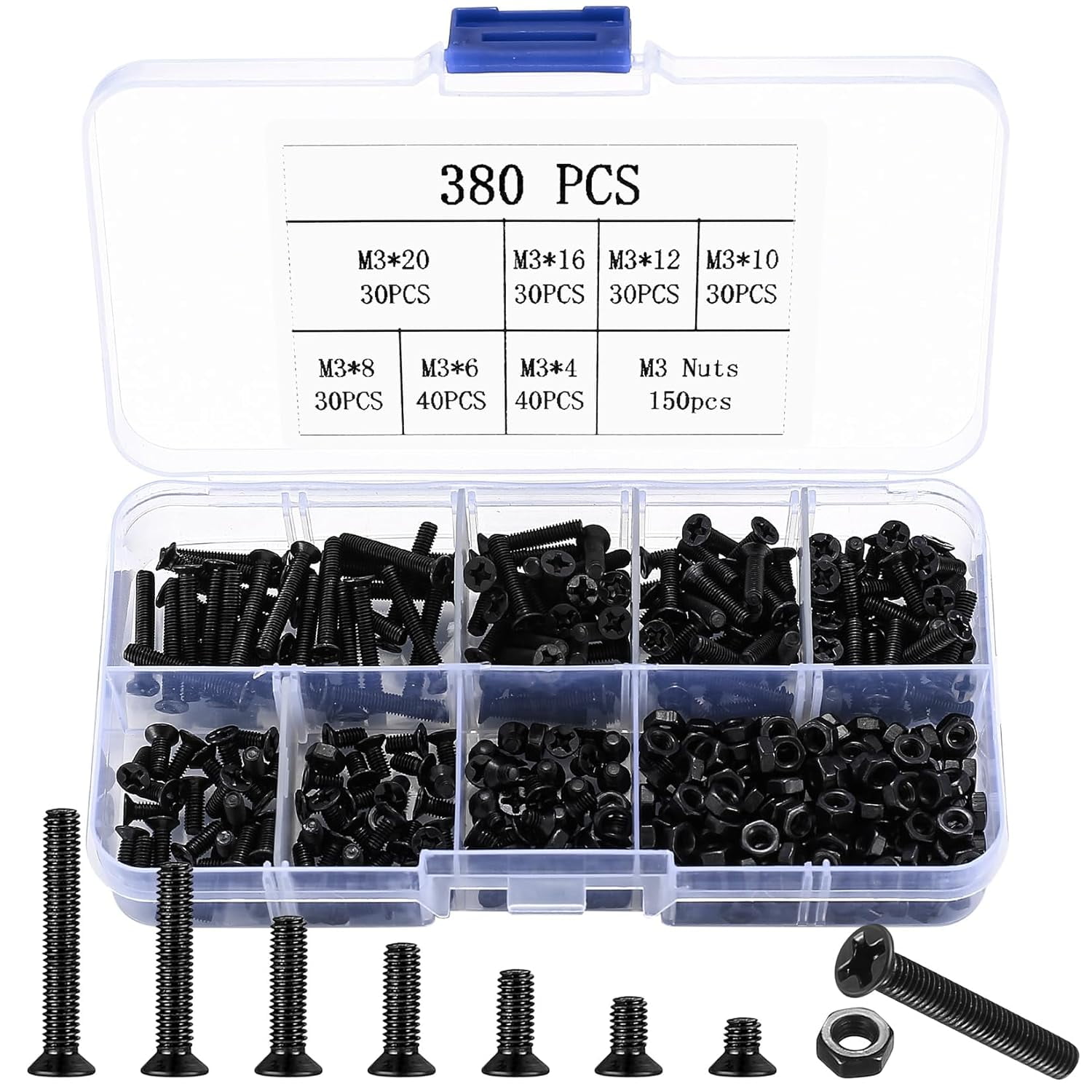 M3 Flat Head Machine Screws and Hex Nuts Kit, 380 Pcs Black Countersunk Head Phillips Screws ...