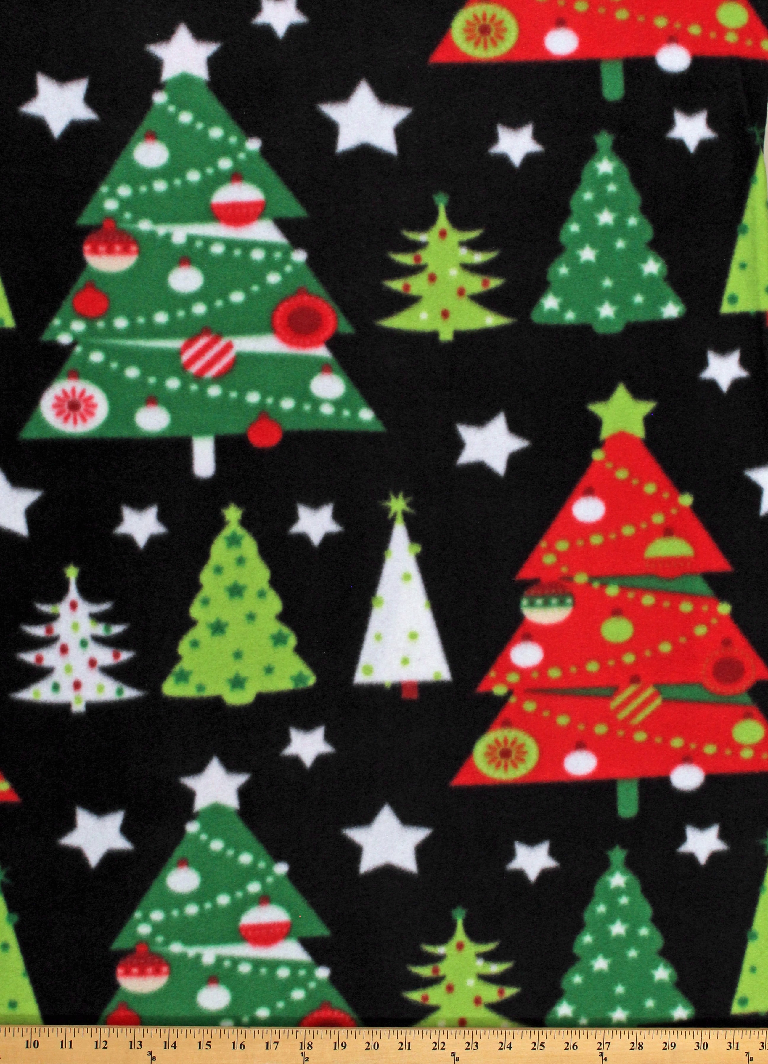 Fleece Christmas Eve Trees Stars Winter Holidays Black Fleece Fabric by ...