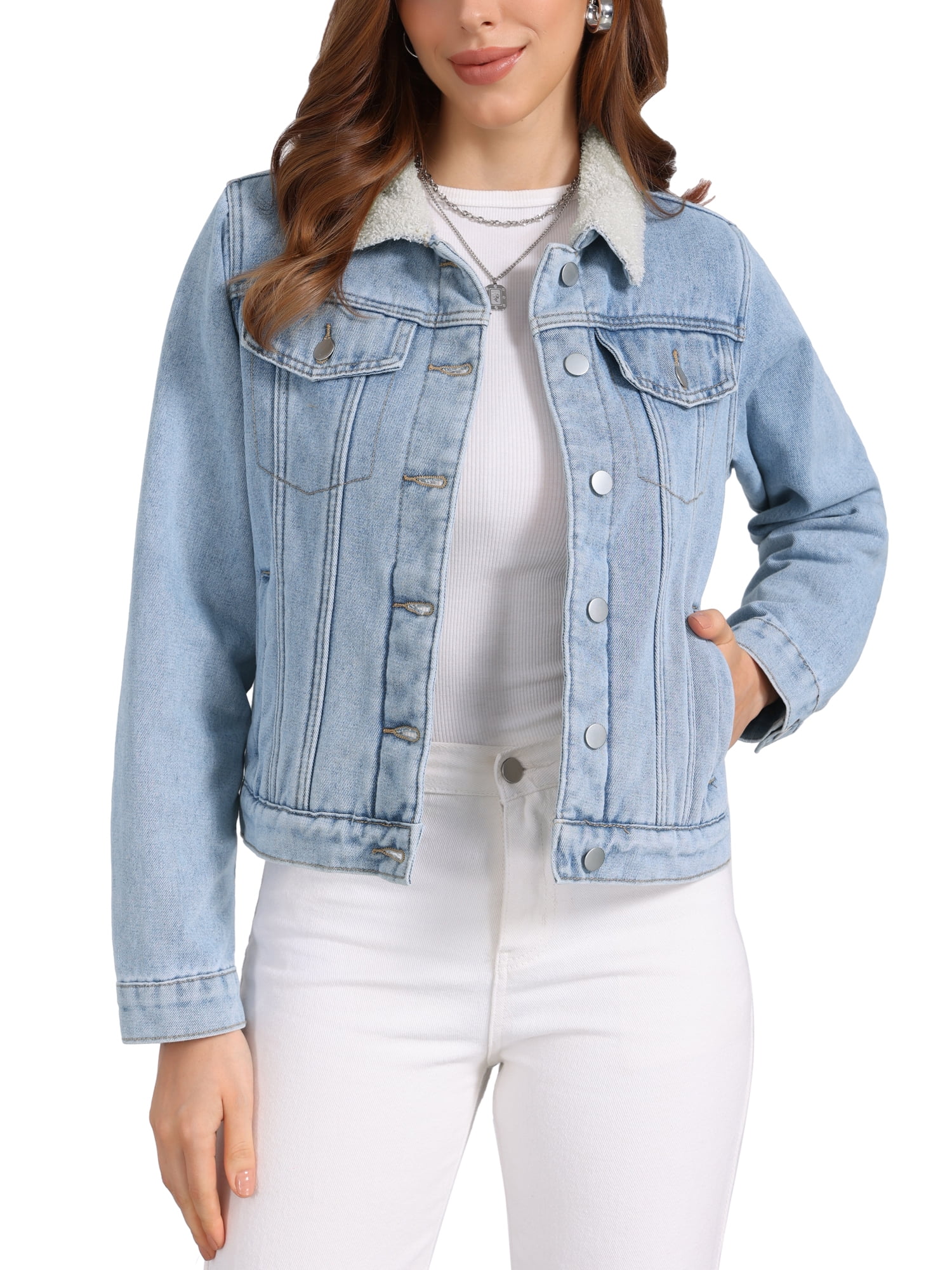 Fleece Denim Jacket for Women Collared Warm Faux Fur Denim Coat Trucker ...