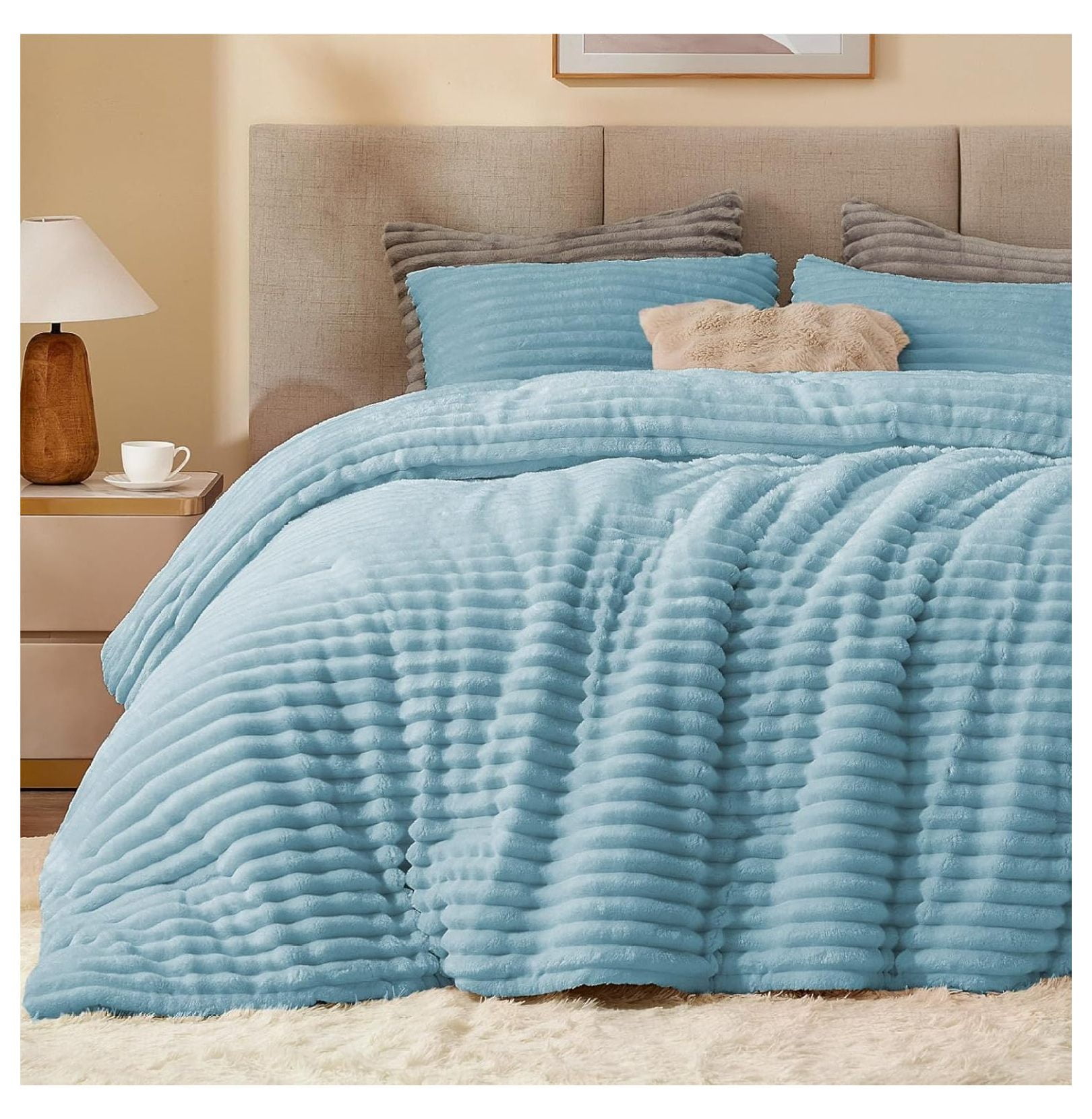 Fleece Full Comforter Set -Super Soft & Warm Fluffy Light Blue Bedding ...