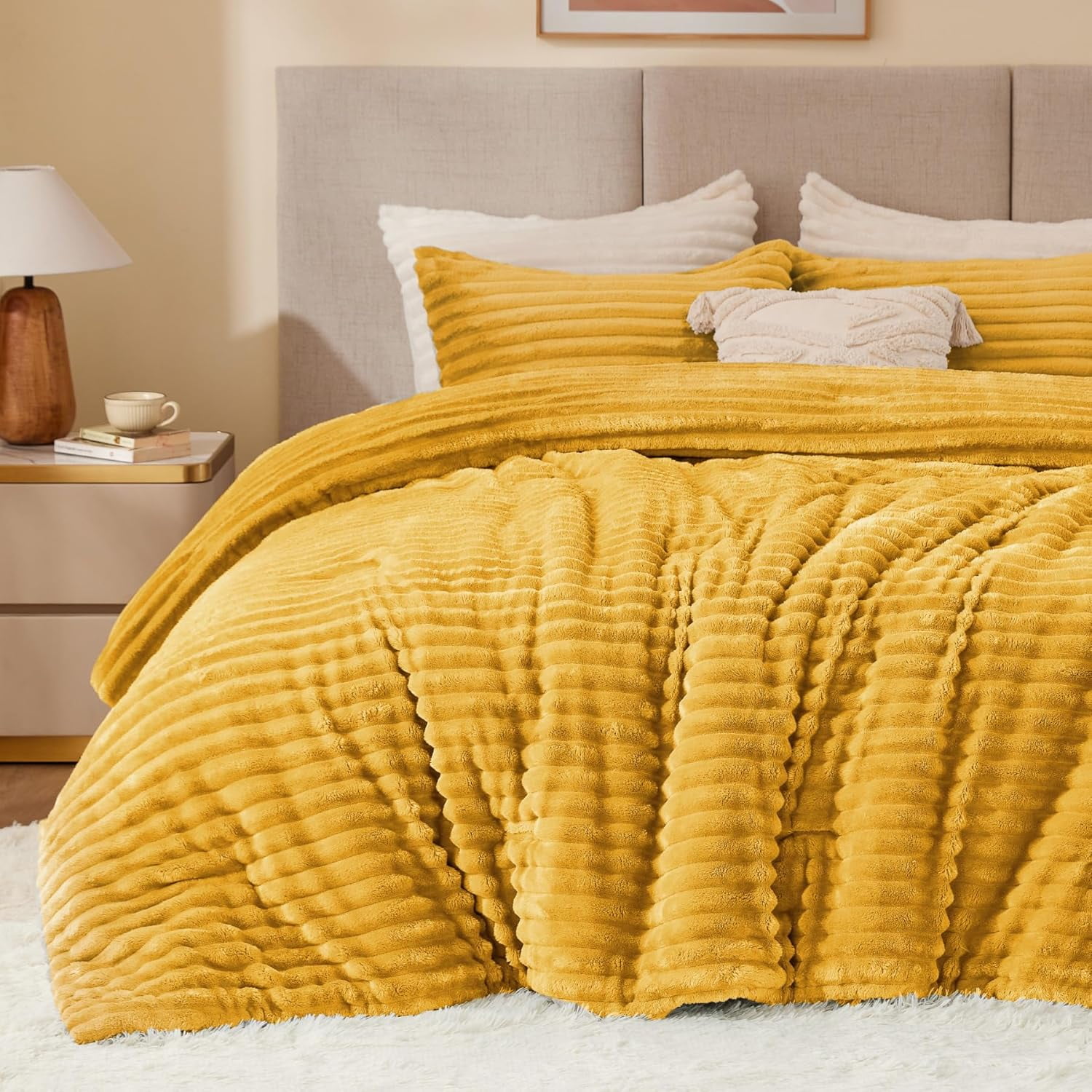 Fleece Full Comforter Set -Super Soft & Warm Fluffy Mustard Yellow ...