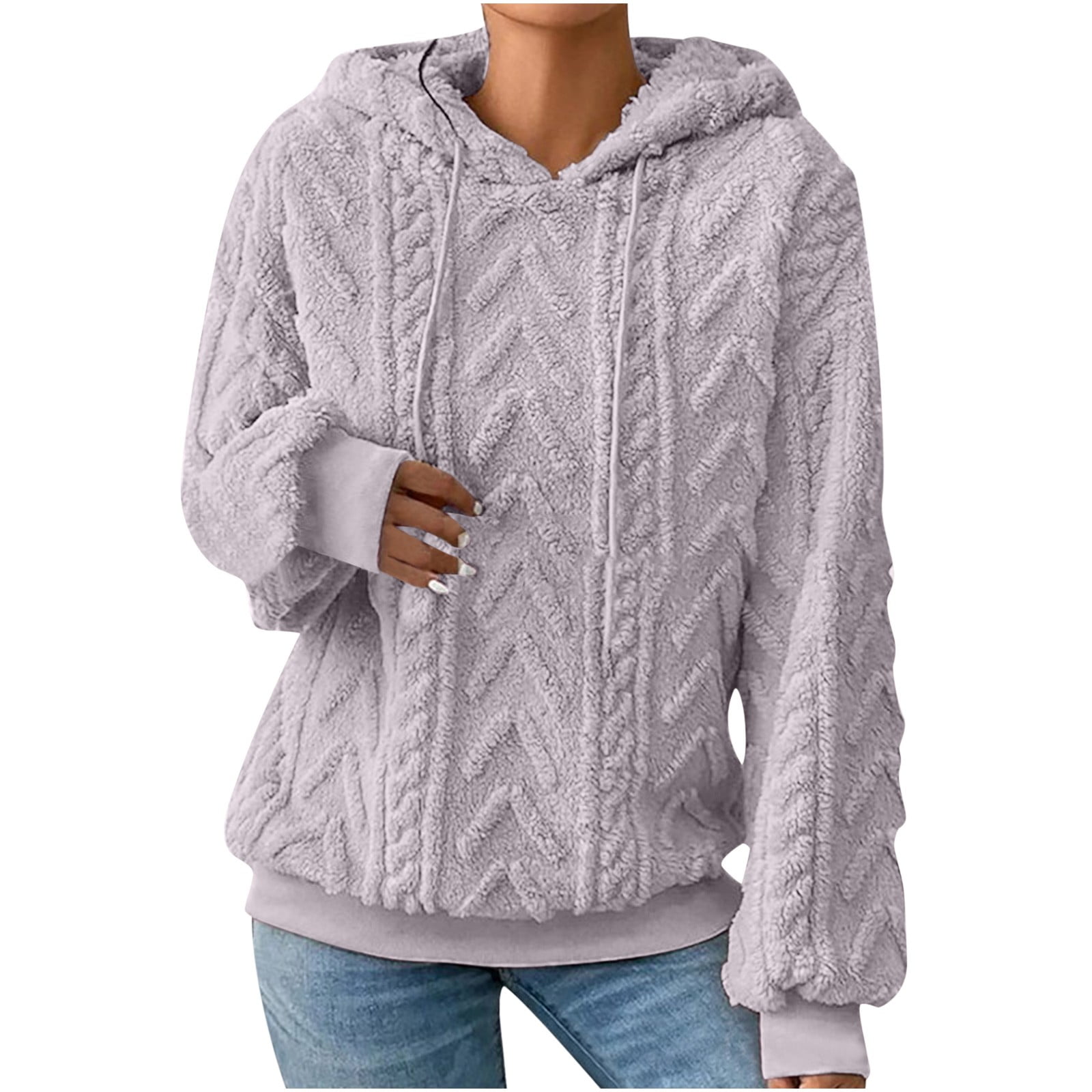 Fleece Hoodie Women Fluffy Fuzzy Pullover Sherpa Hooded Sweatshirt ...