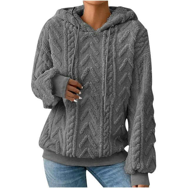 Fleece Hoodie Women Fluffy Fuzzy Pullover Sherpa Hooded Sweatshirt ...