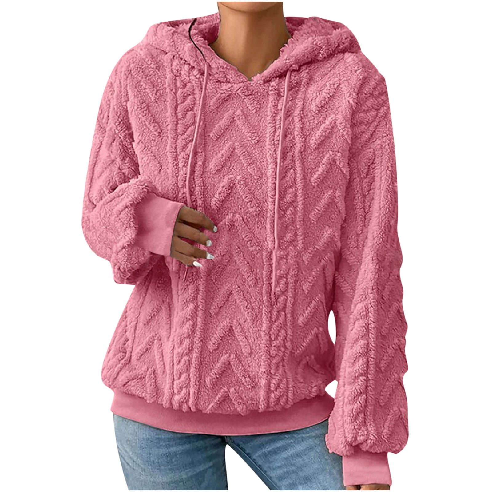 Fleece Hoodie Women Fluffy Fuzzy Pullover Sherpa Hooded Sweatshirt ...