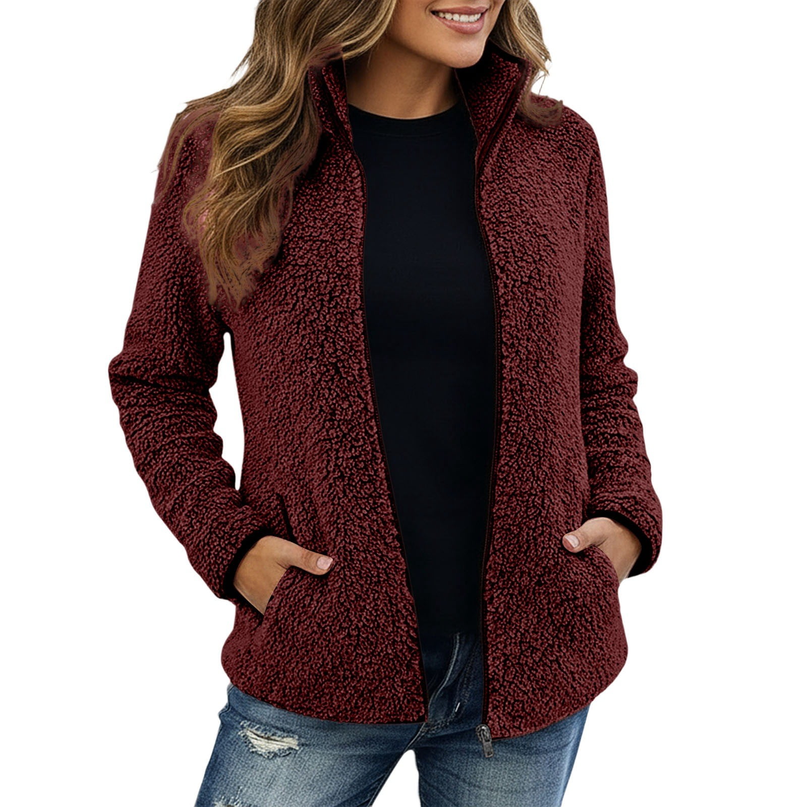 Fleece Jacket Long Sleeve Zipper Fuzzy Warm Jackets Fall Clothes Women ...