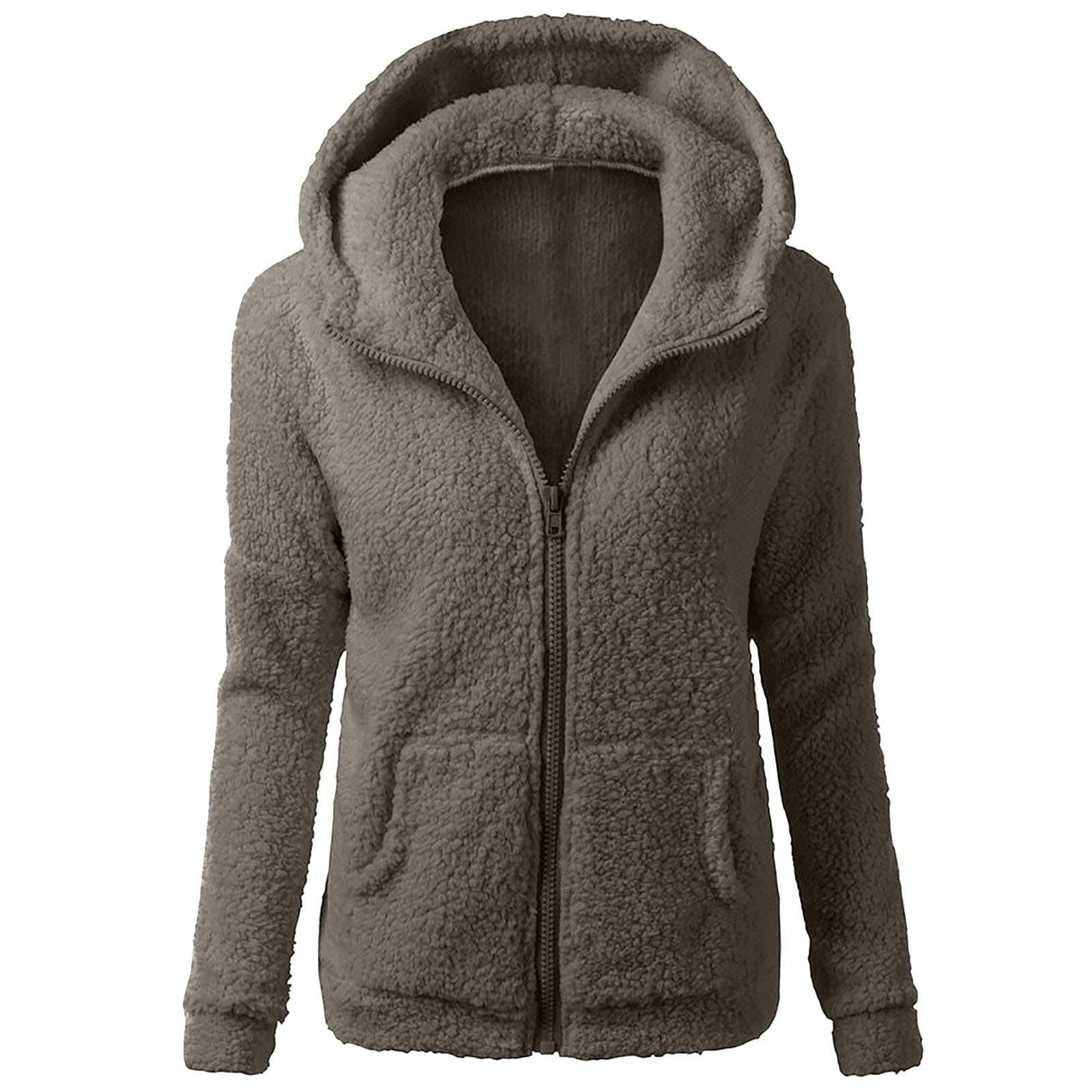 Fleece Jacket Women With Hood Pockets Sherpa Fuzzy Soft Warm Winter ...
