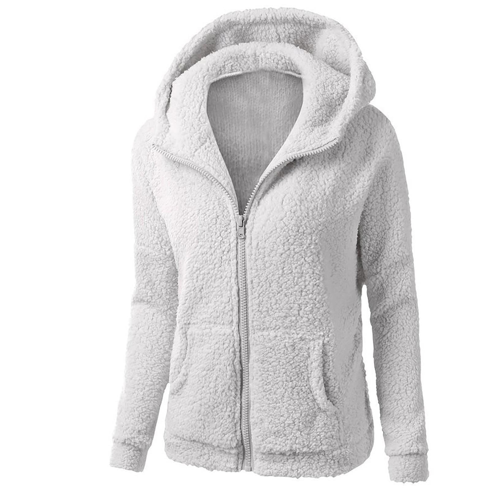 Fleece Jacket Women With Hood Pockets Sherpa Fuzzy Soft Warm Winter ...
