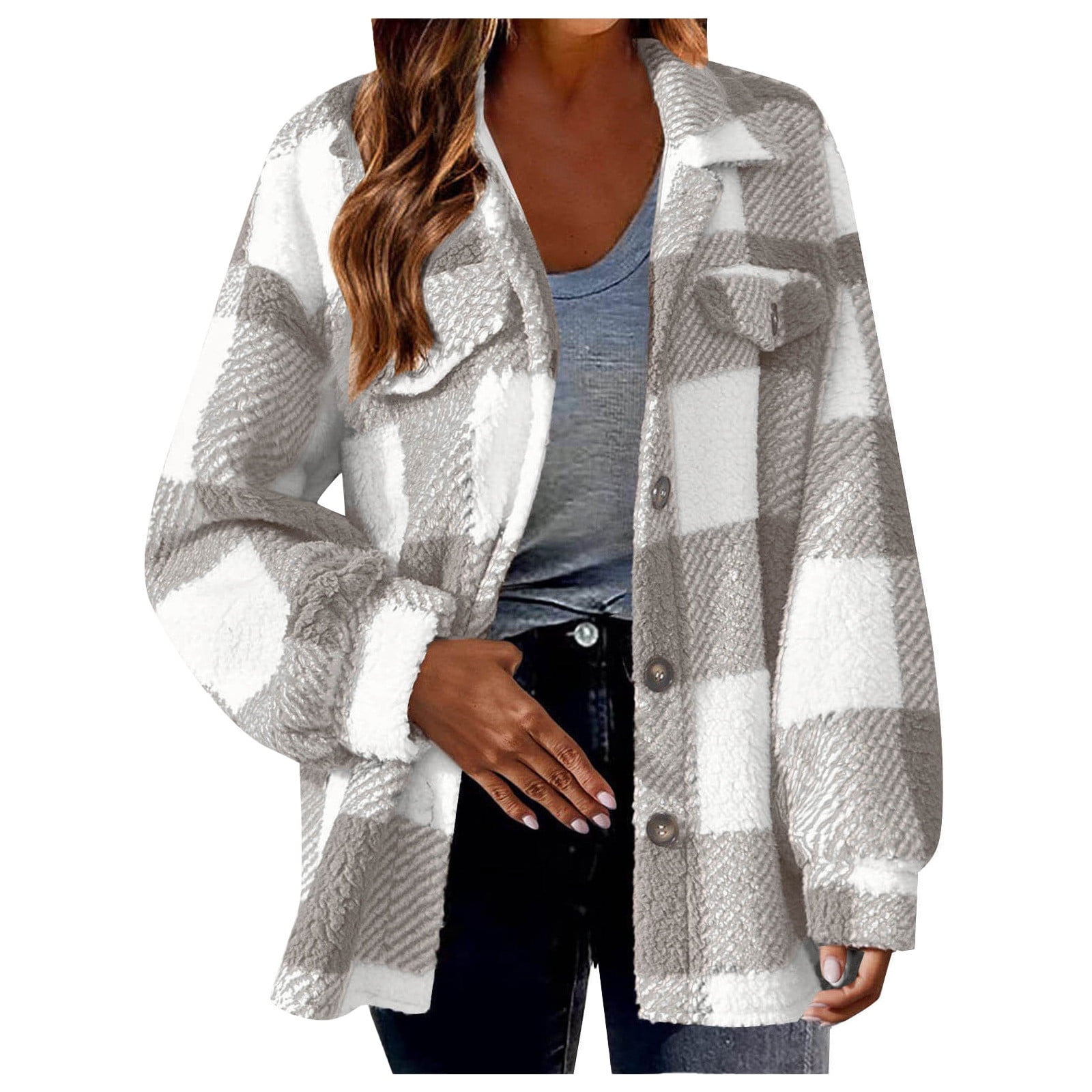 Fleece Jacket Women Women Plus Size Button Down Color Block Feece ...