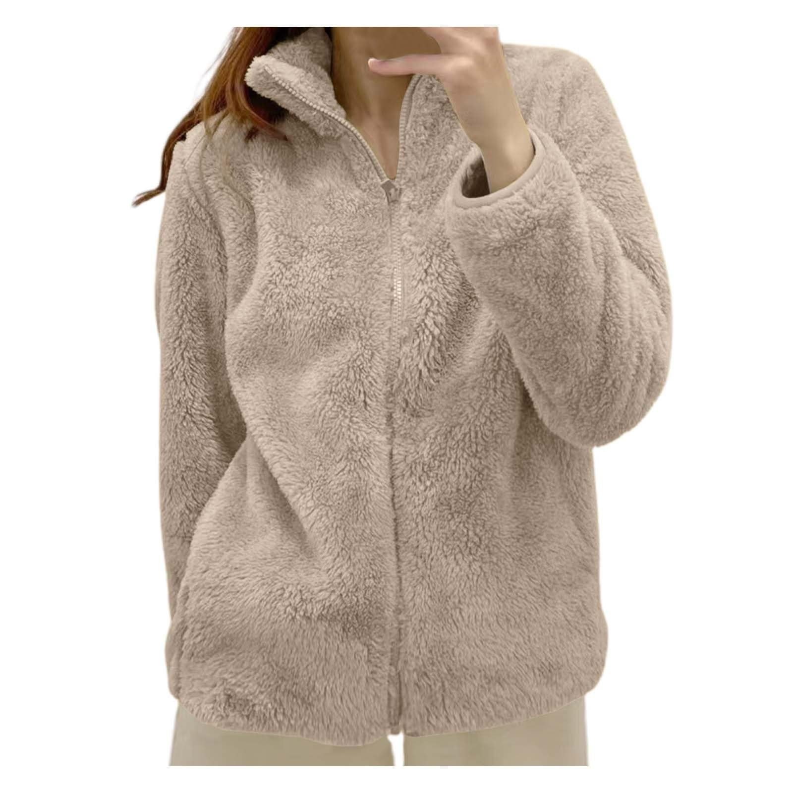Fleece Jacket Women's Stand Up Collar Lined Teddy Jacket Warm Fleece ...