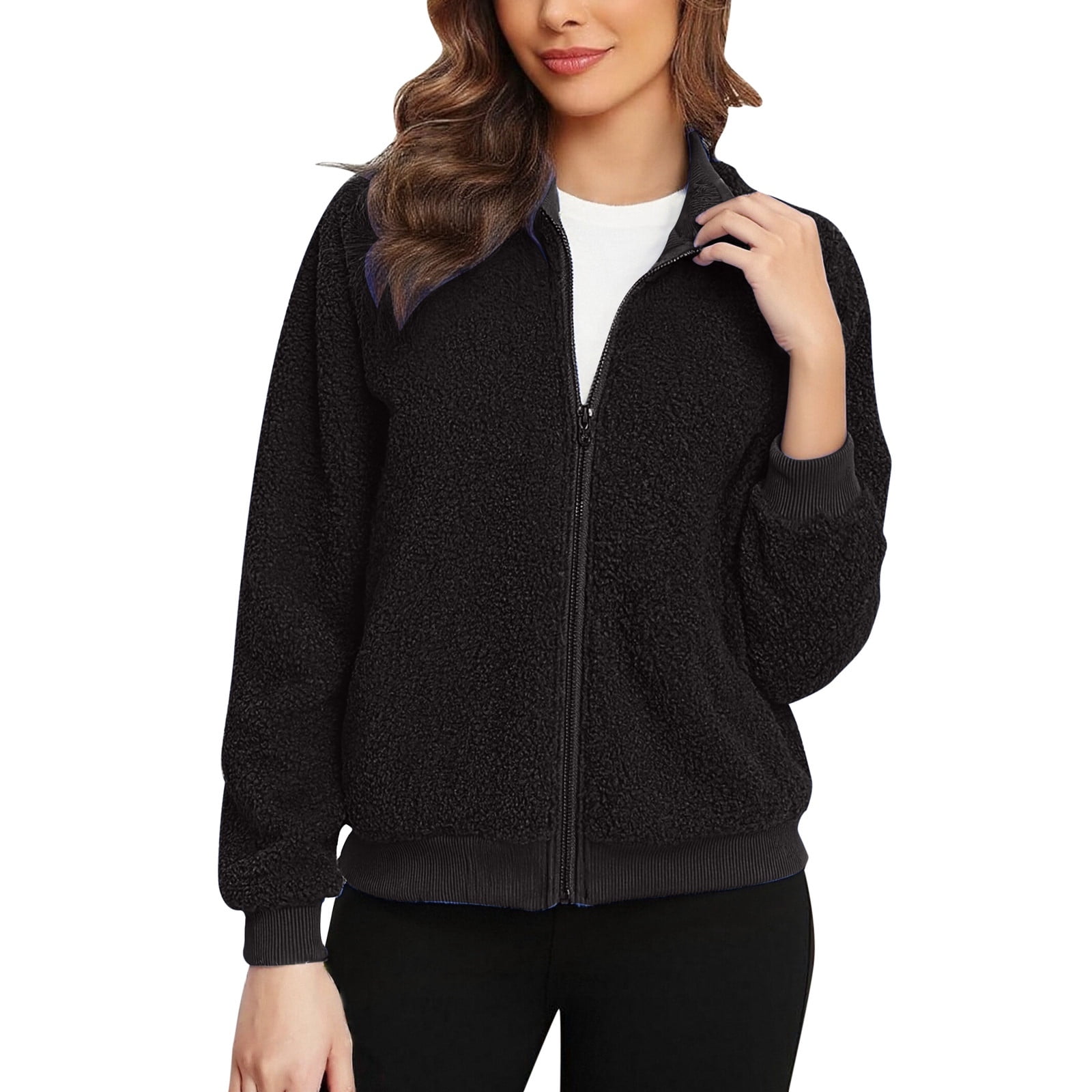 Jacket Women with Hood Sherpa Fuzzy Soft Winter Jackets Black S ...