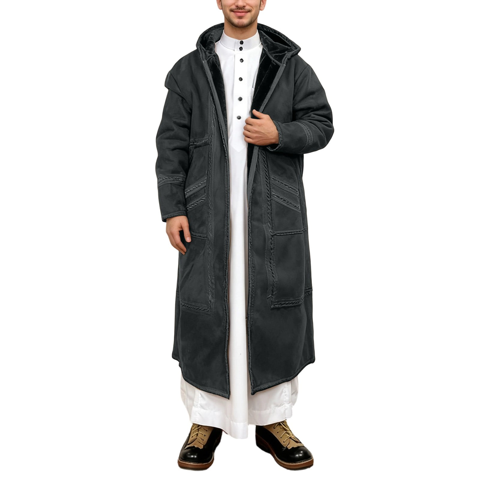 Jacket for Mens Winter Thick Warm Hooded Robe with Pockets Suede Nap ...
